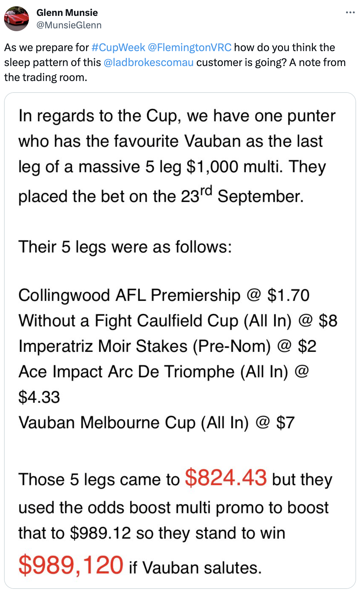 Melbourne Cup 2023: Punter has a $989,120 bet riding on the favourite ...